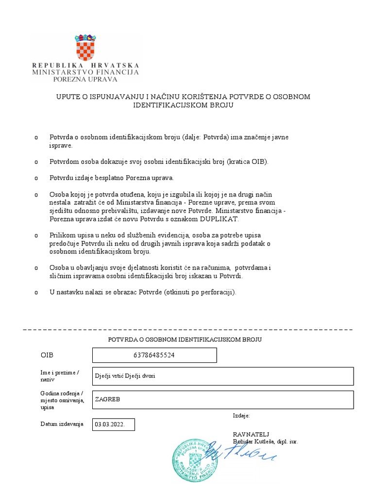 Potvrda O Osobnom Identifikacijskom Broju | PDF