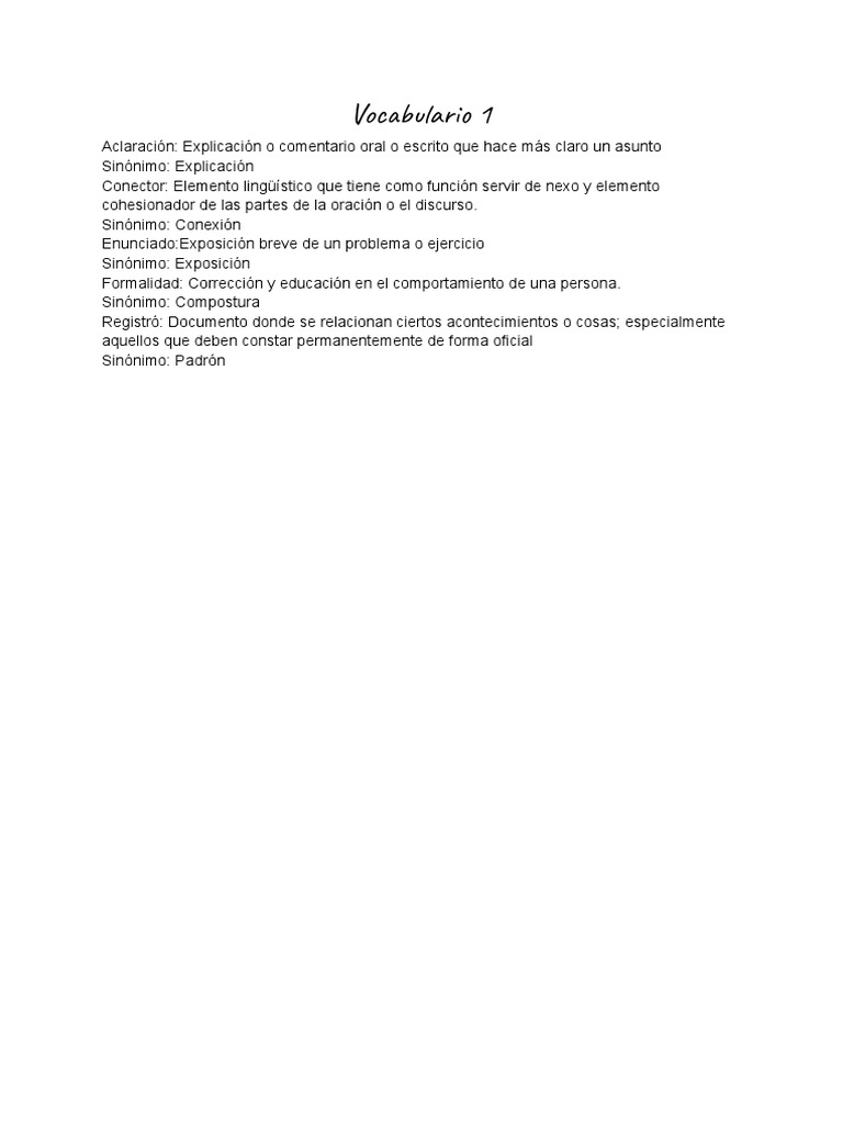 Definiciones y Sinónimos de Vocabulario 1 | PDF