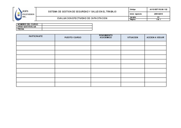 Jofs SST PG 06 F02. Efectividad de Capacitacion | PDF