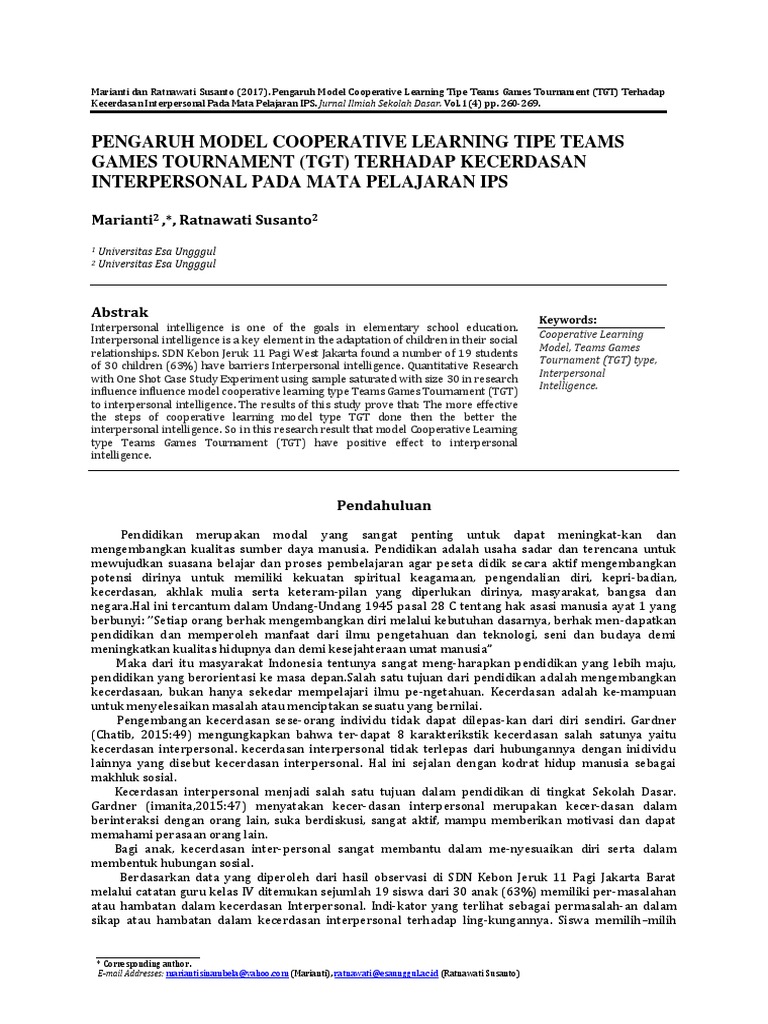 Pengaruh Model Cooperative Learning Tipe Teams Games Tournament (TGT) Terhadap Kecerdasan ...