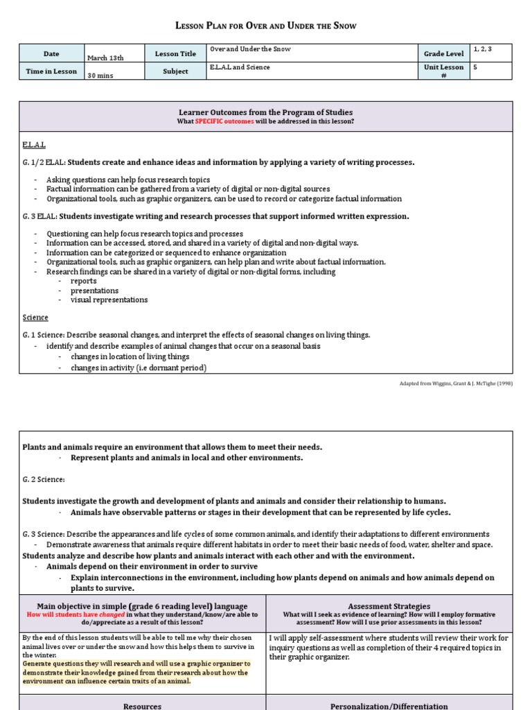 Over and Under the Snow Lesson Plan | PDF | Information | Learning