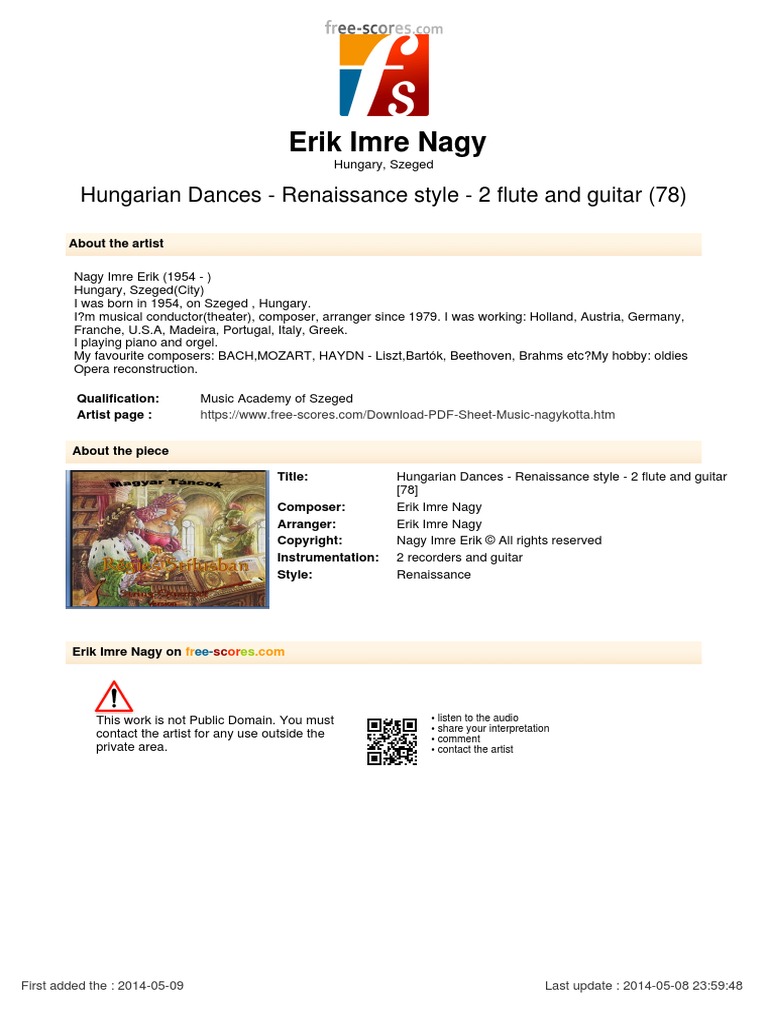 (Free Scores - Com) - Erik Imre Nagy Danses Hongroises Style Renaissance 2 Fla Te Et Guitare ...