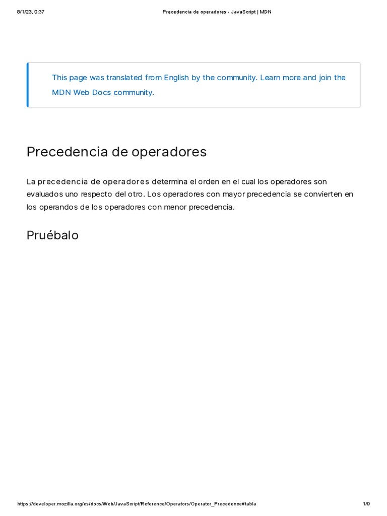 Precedencia de Operadores - JavaScript - MDN | PDF | Ingeniería de ...