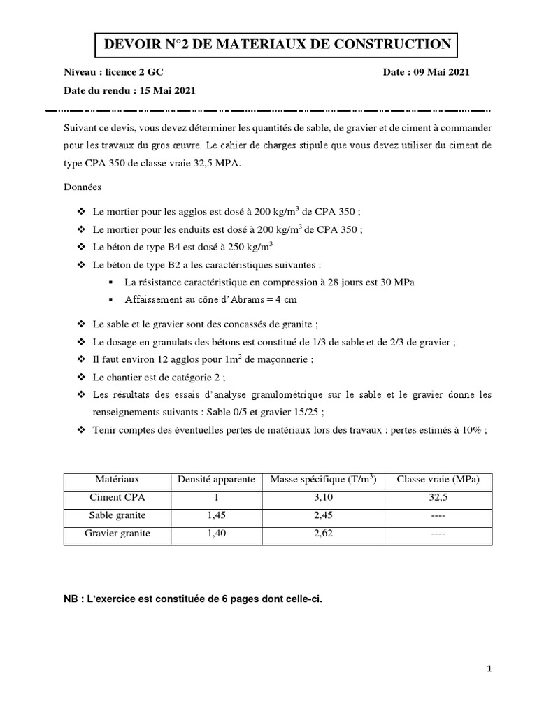 DEVOIR N°2 de Matériaux de Construction | PDF | Béton | Ciment
