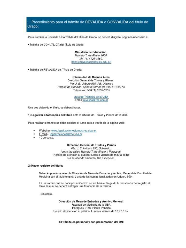 Instructivo para REVALIDA o CONVALIDA Del Título de Grado | PDF