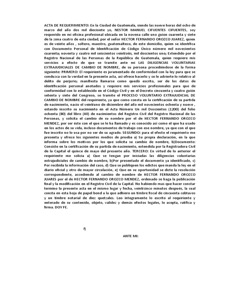 ACTA DE REQUERIMIENTO Cambio de Nombre | PDF | Guatemala | Justicia ACTA DE REQUERIMIENTO Cambio de Nombre | PDF | Guatemala | Justicia