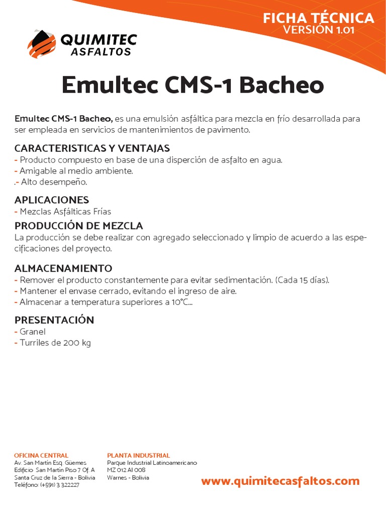 Emultec CMS-1: Emulsión Asfáltica Ecológica | PDF | Ciencias fisicas | Materiales