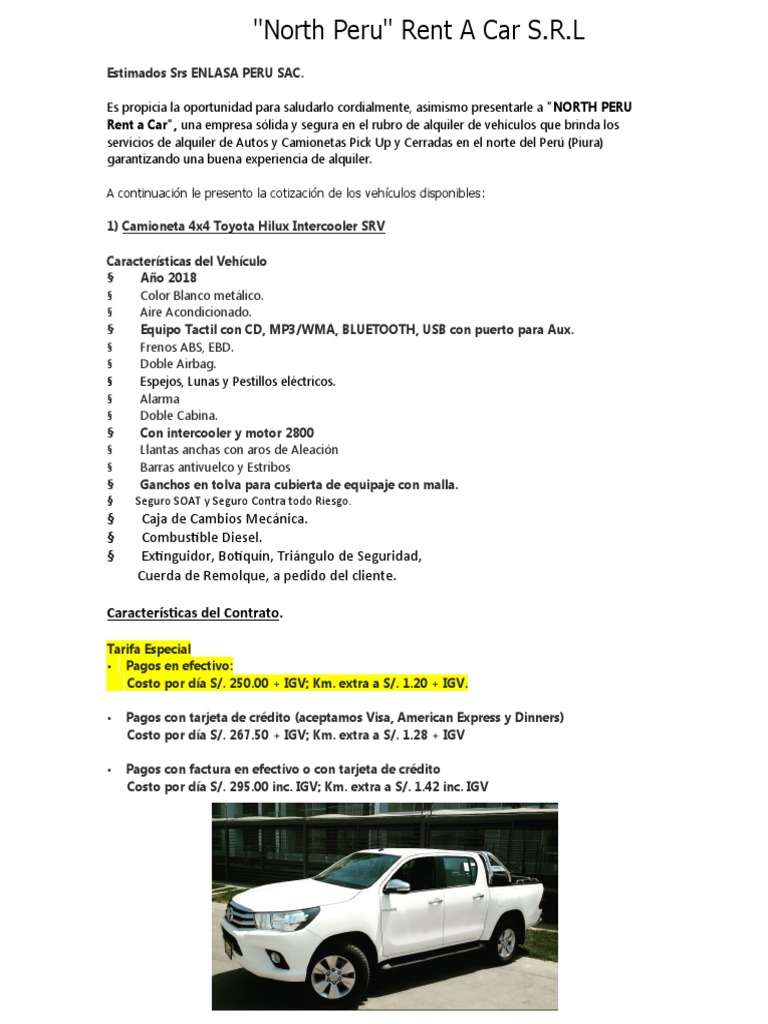 COTIZACION ACTUALIZADA - North Peru Rent A Car SRL - TARIFARIO POR MES | PDF | Industria ...