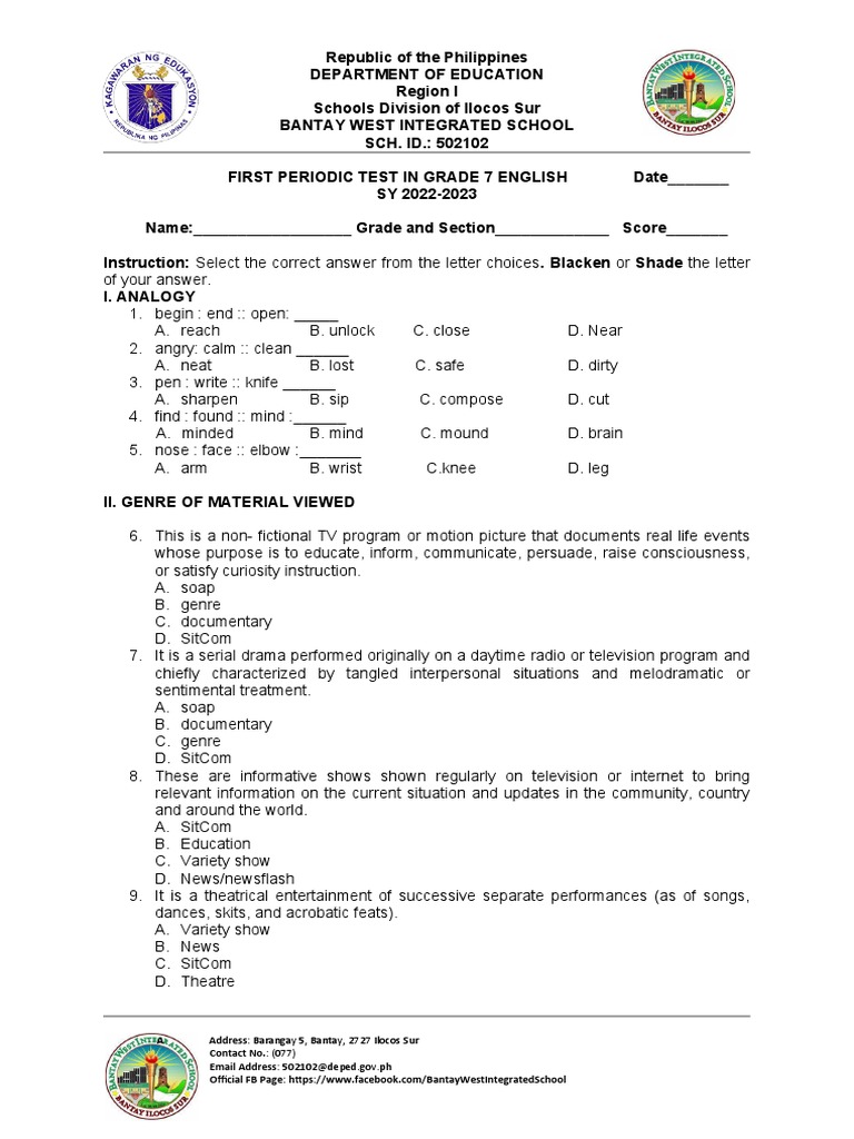 1st Periodic Test - English 7 | PDF | Animation