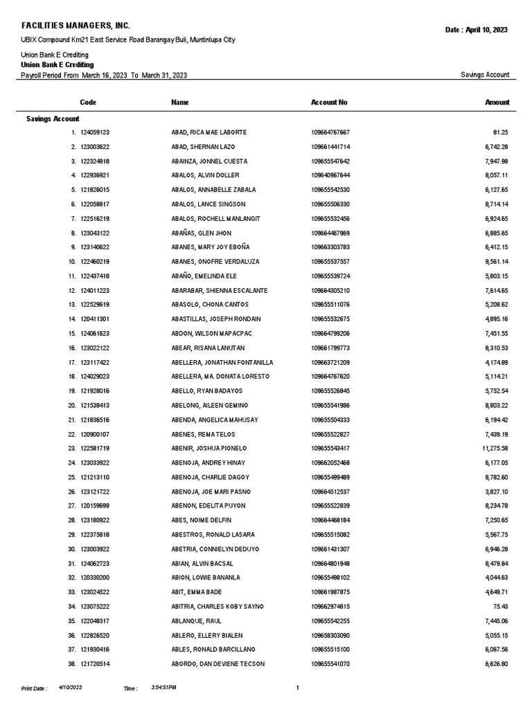 Union Bank payroll statement for Facilities Managers Inc | PDF