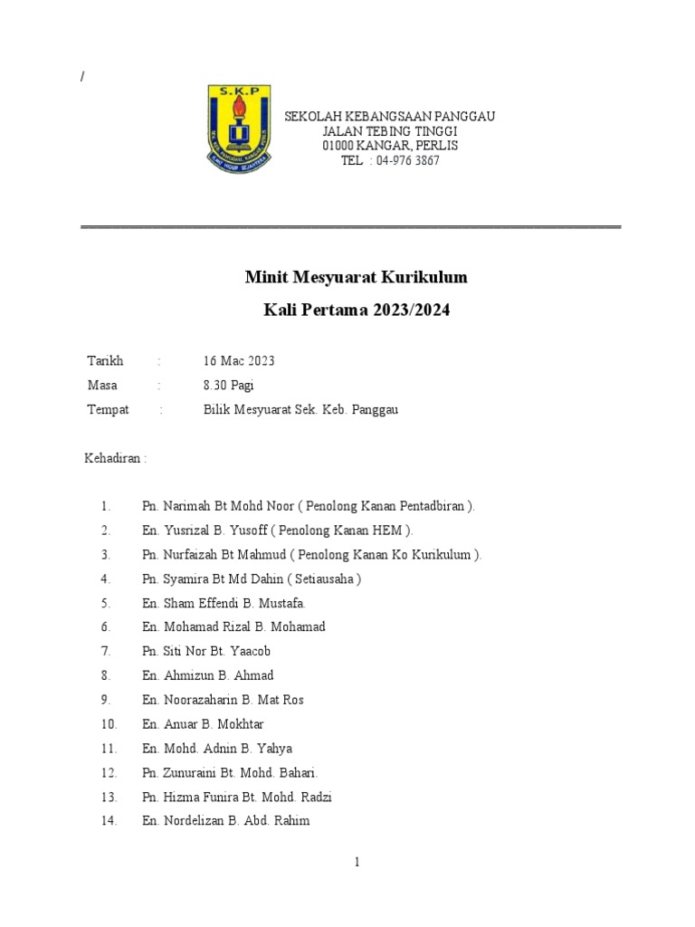 Minit Mesyuarat Bil 1 2023 2024 | PDF