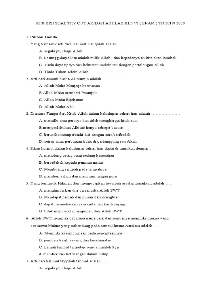 Kisi Kisi Soal Try Out Akidah Akhlak KLS Vi | PDF | Karier & Perkembangan | Agama & Spiritualitas