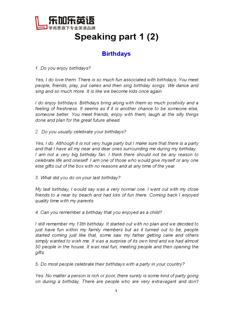 Speaking Part 1 (2) : Birthdays | Download Free PDF | News | Newspapers