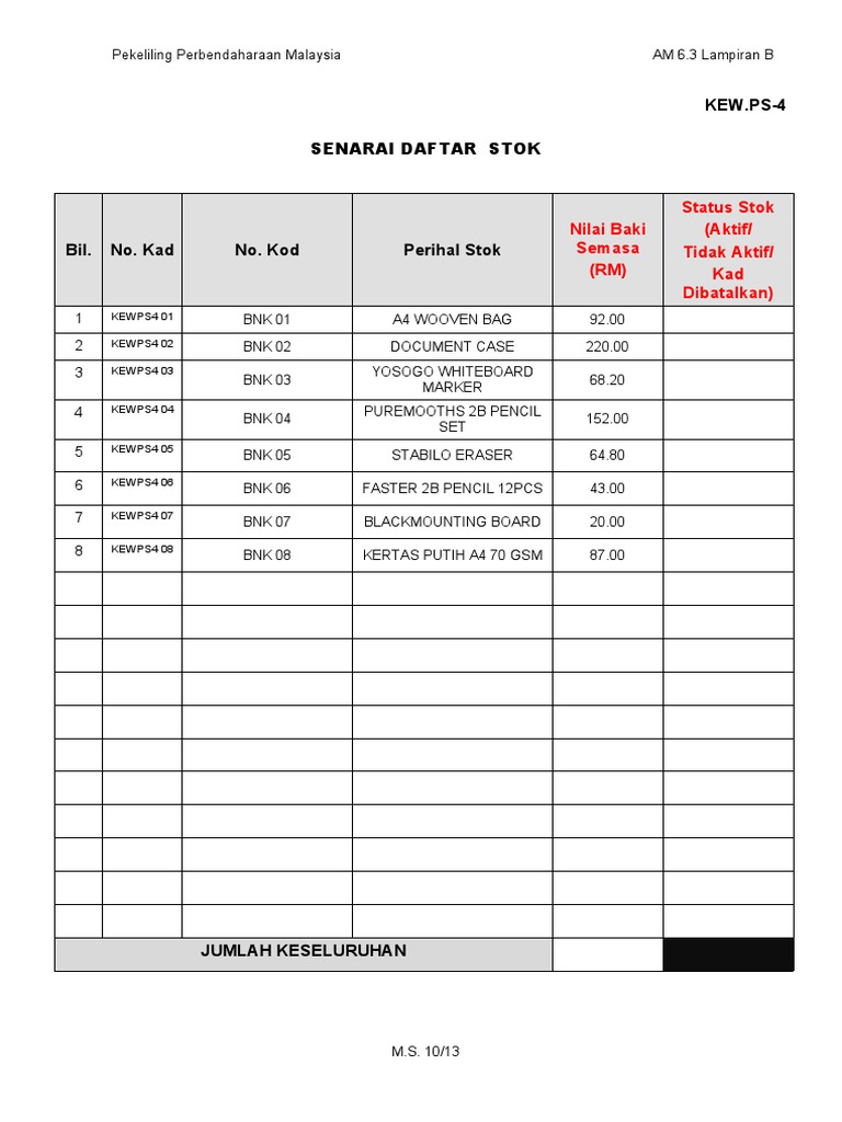 Kew - PS-4 Daftar Stok 1 | PDF
