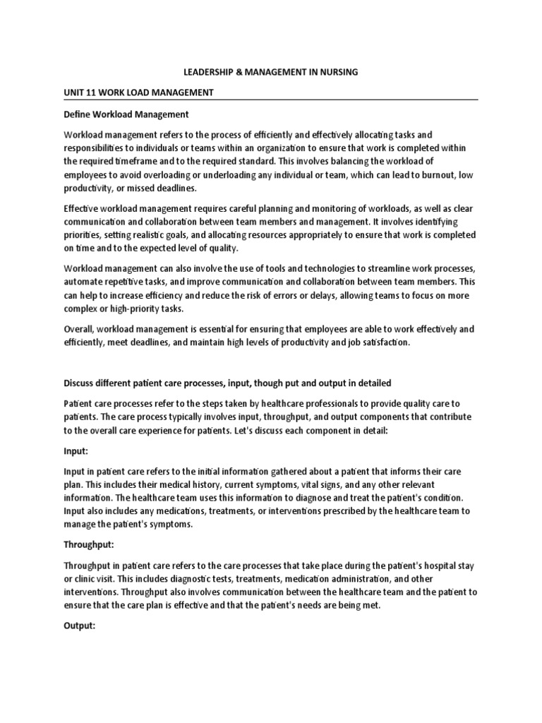Leadership & Management in Nursing Unit 11 Work Load Management Define ...