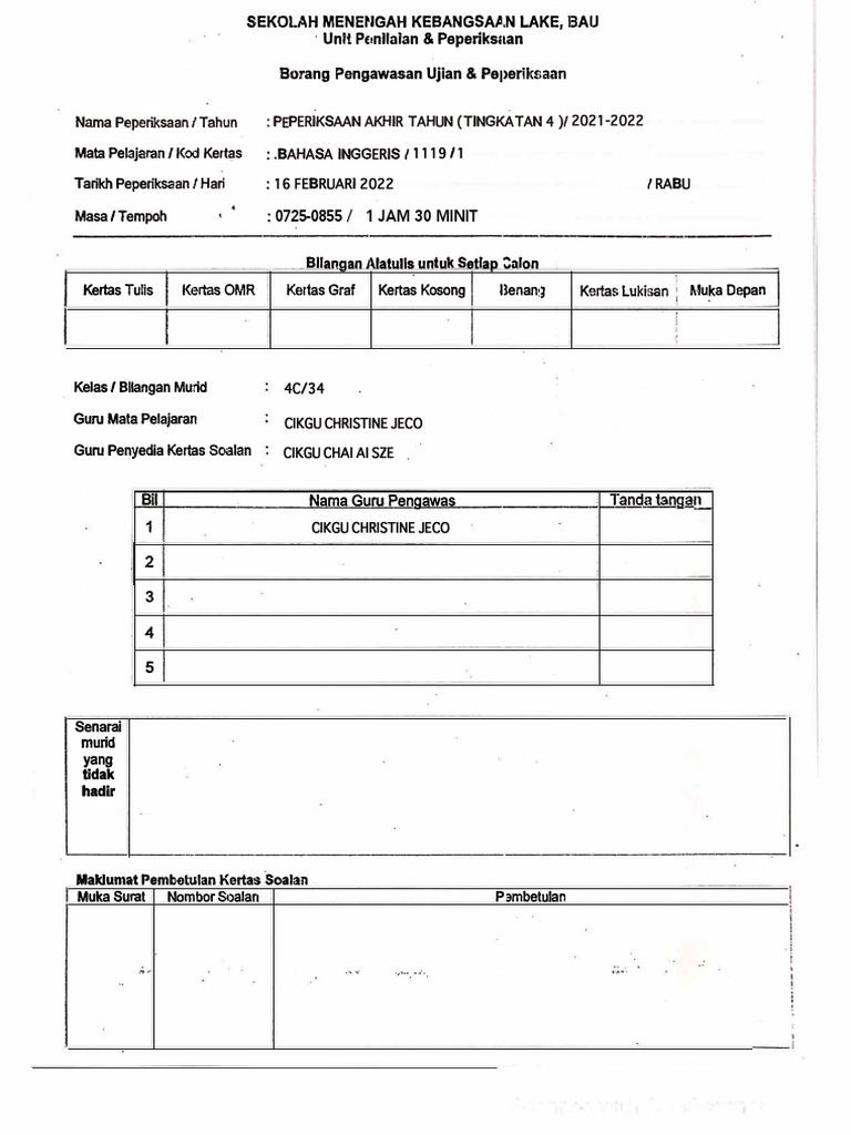 Borang Pengawasan Ujian & Peperiksaan | PDF
