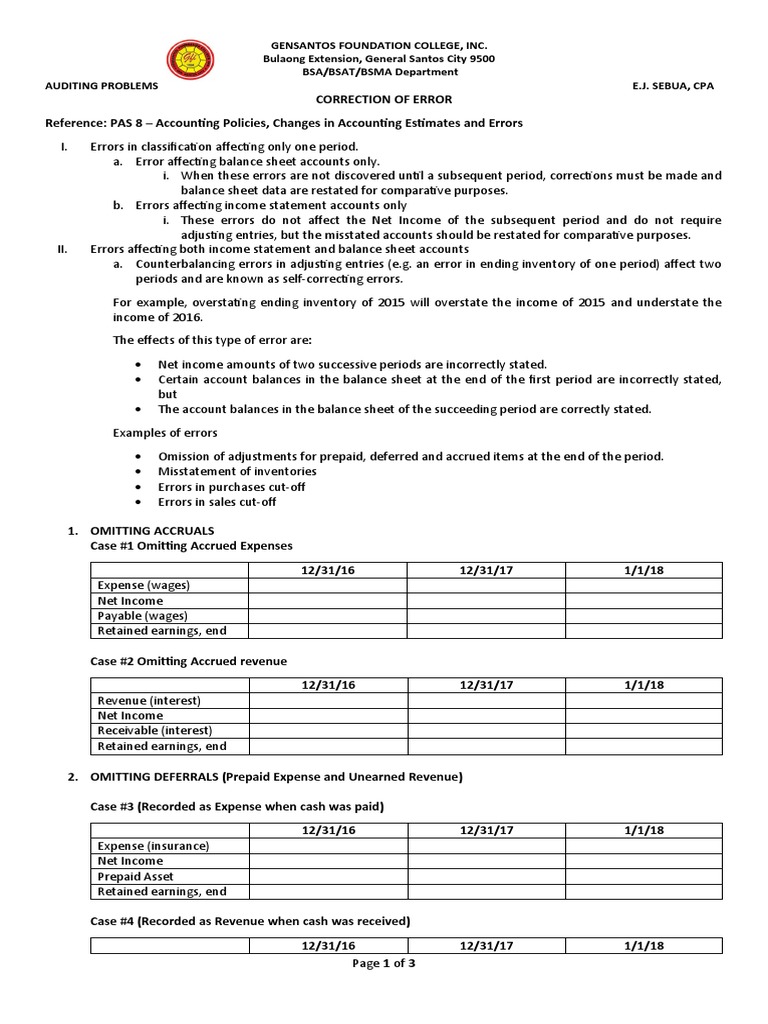 Correction of Errors | PDF | Deferral | Expense
