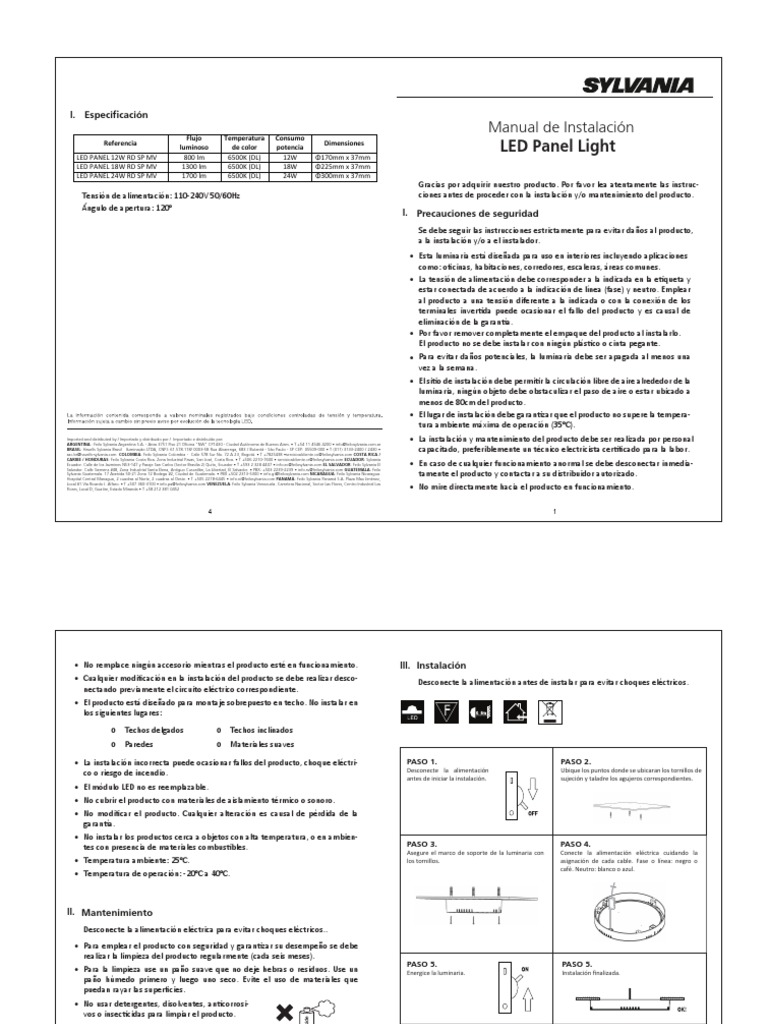 Manual de Instalación LEDPANELSP - SYLVANIA 12/18/24W RD SP MV | PDF | Diodo emisor de luz ...