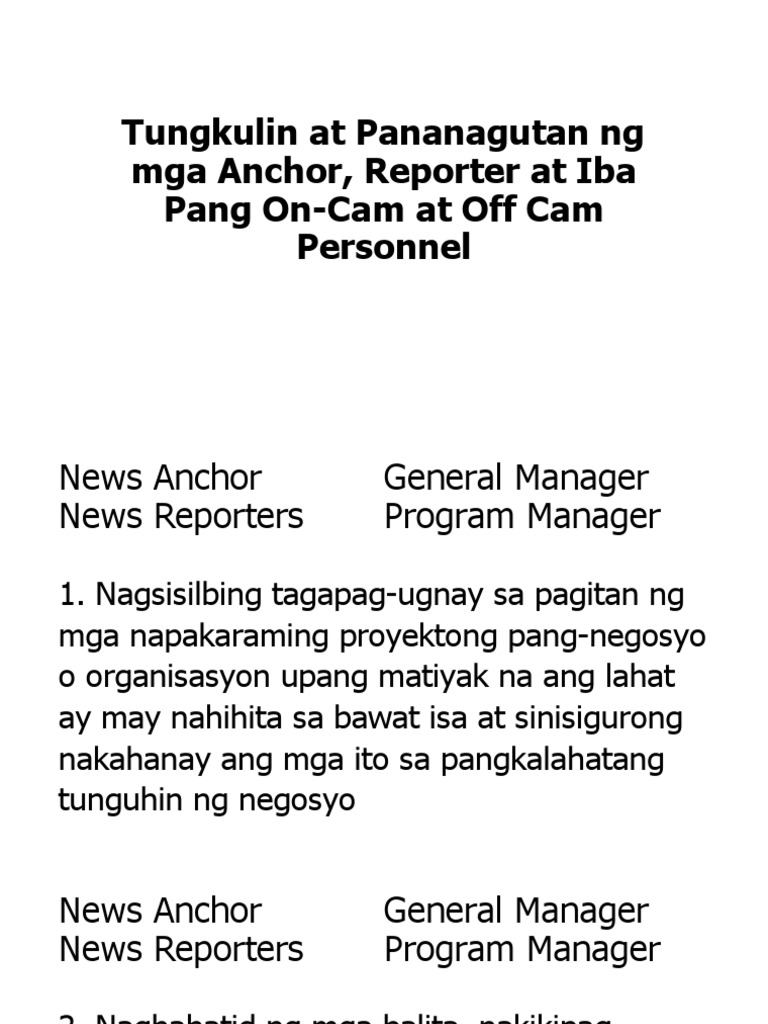 Tungkulin at Pananagutan NG Mga Anchor, Reporter | PDF