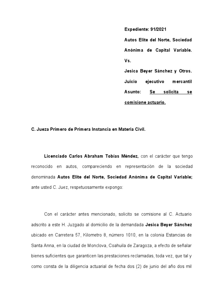 Solicitud de comisionar actuario para señalar bienes en juicio ...