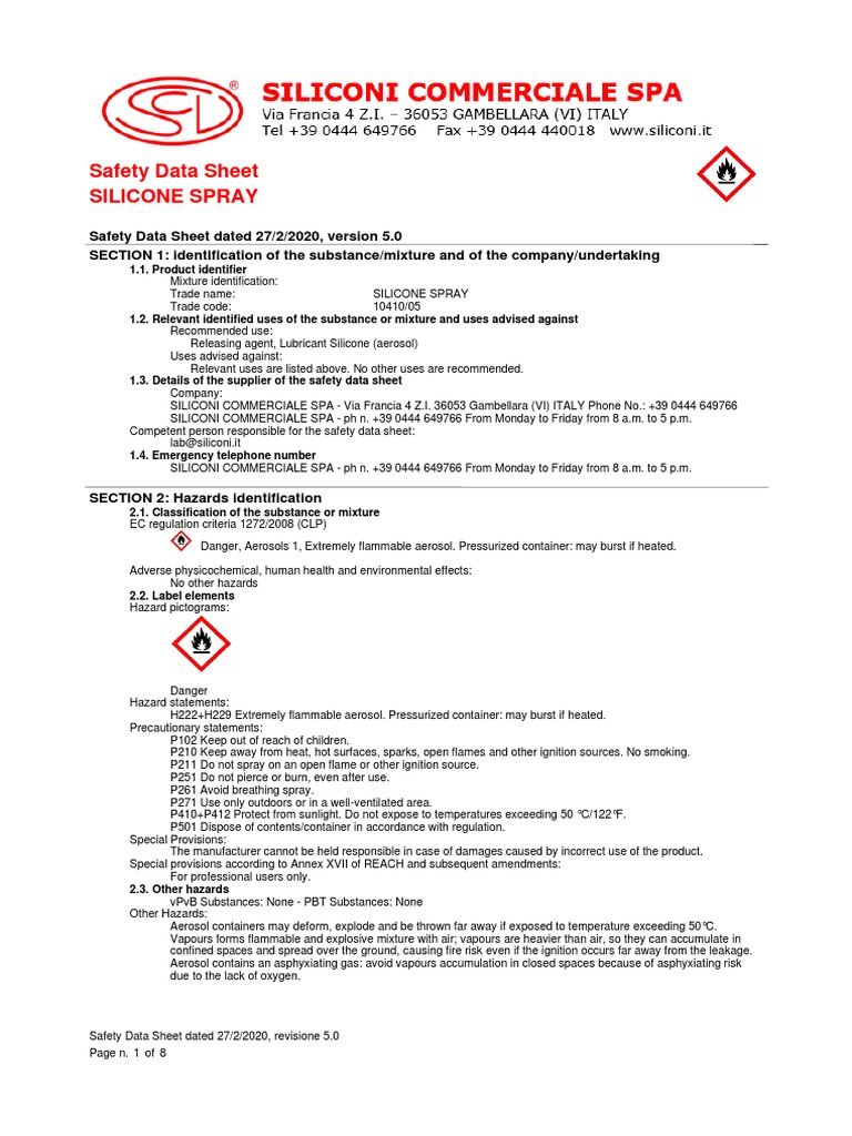 Silicone Spray Safety Data Sheet | PDF | Dangerous Goods | Toxicity