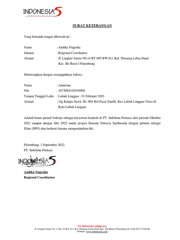 Surat Keterangan Kerja PT Indolima Perkasa | PDF