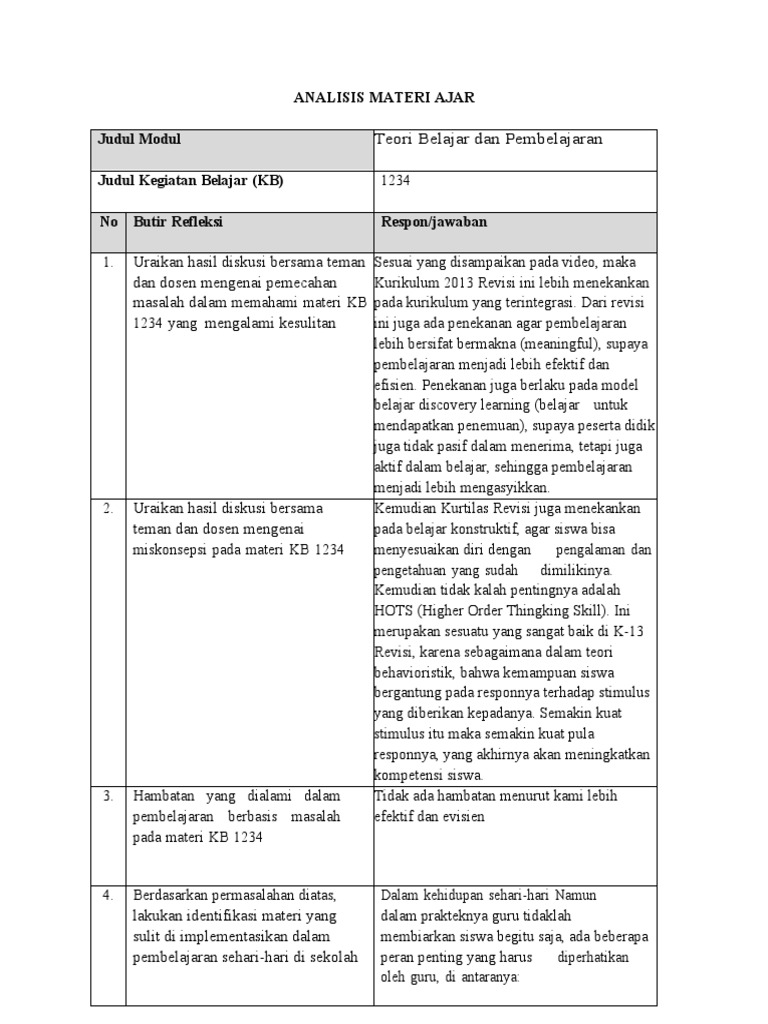 Analisis Materi Ajar Judul Modul Judul Kegiatan Belajar (KB) No Butir Refleksi Respon/jawaban ...