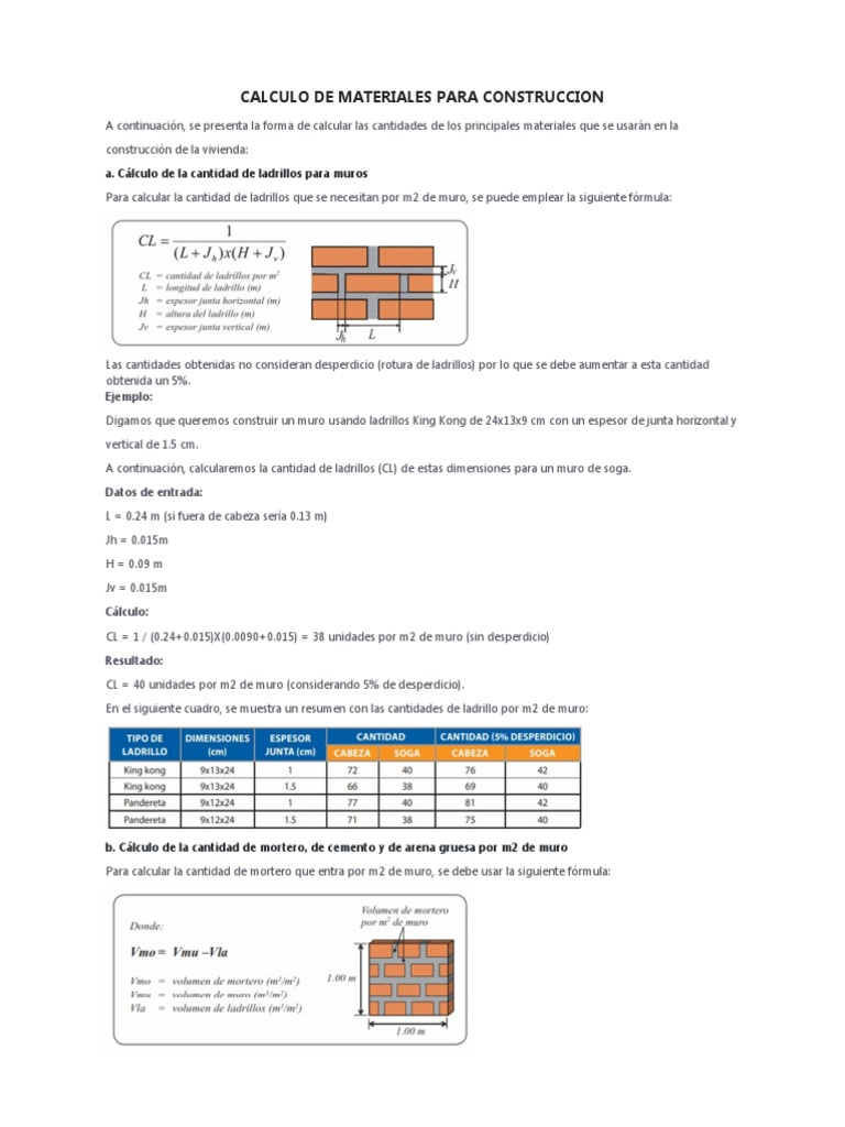 Calculo de Materiales de Construccion | PDF | Hormigón | Ladrillo