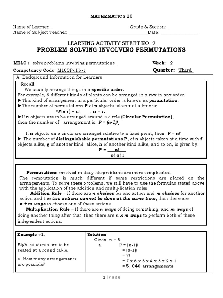 Mathematics 10 Las 2 (Third) | PDF | Permutation | Numbers