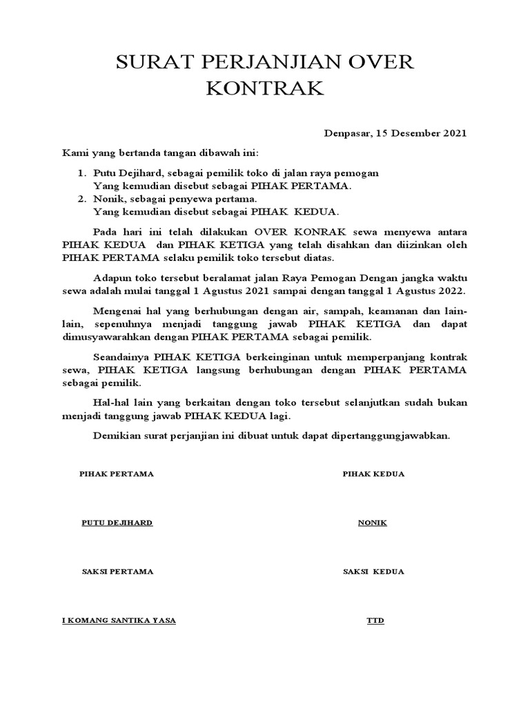 Surat Perjanjian Over Kontrak | PDF