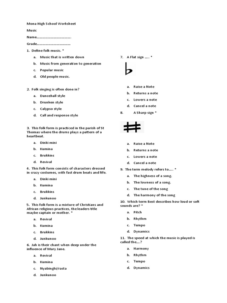 Grade 9 Worksheet | PDF | Songs | Folk Music