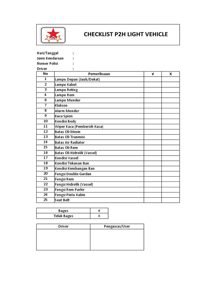 Checklist P2H Kendaraan Ringan | PDF
