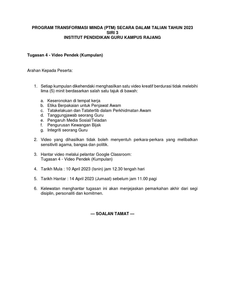 Program Transformasi Minda (PTM) Secara Dalam Talian Tahun 2023 Siri 3 Institut Pendidikan Guru ...