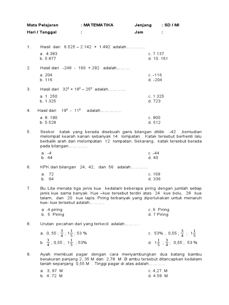 SOAL UJIAN MATEMATIKA | PDF