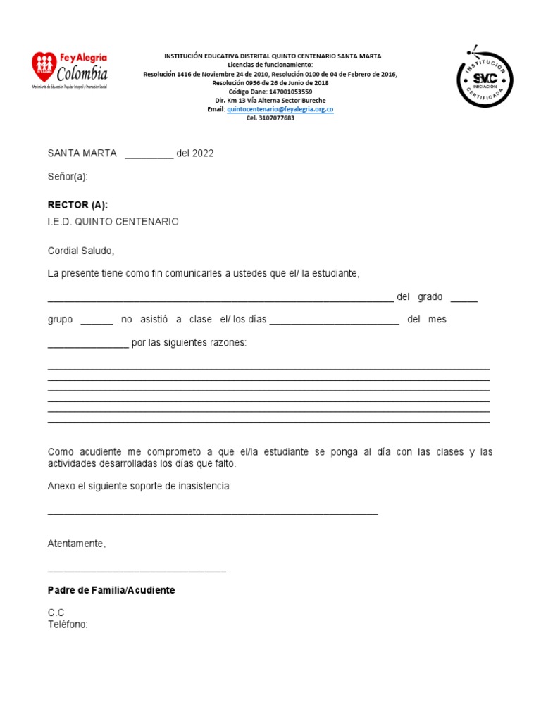 Formato de Excusa Por Inasistencia | PDF