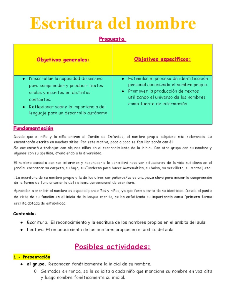 Escritura Del Nombre: Posibles Actividades | PDF | Escritura