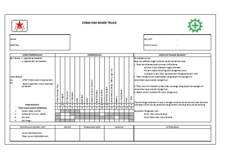 Form P2H Mixer Truck: Kode Pemeriksaan Pemeriksaan Checklist Bugar ...
