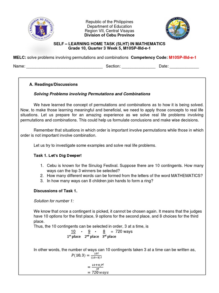 Math10 SLHT, Q3, Wk5, M10SP-IIId-e-1 | PDF | Menu | Permutation