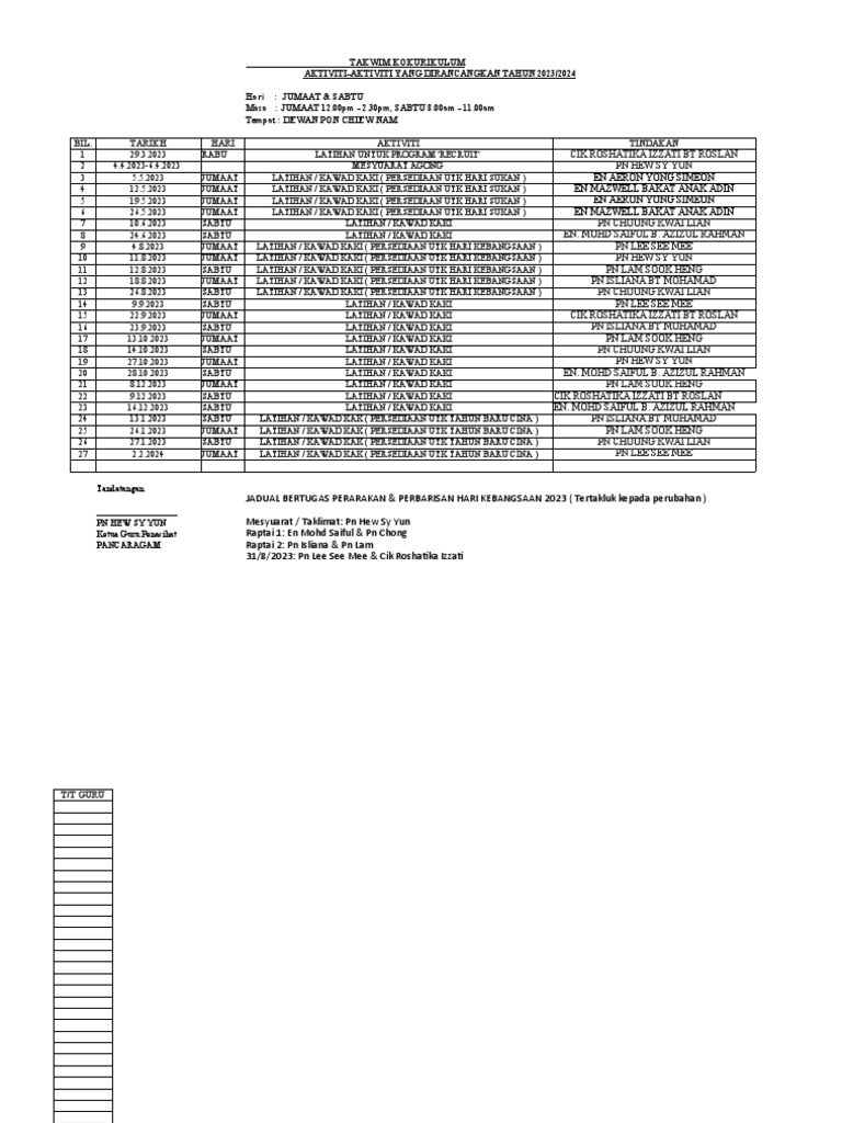 Jadual Guru Bertugas Pancaragam 2023 - 24 | PDF