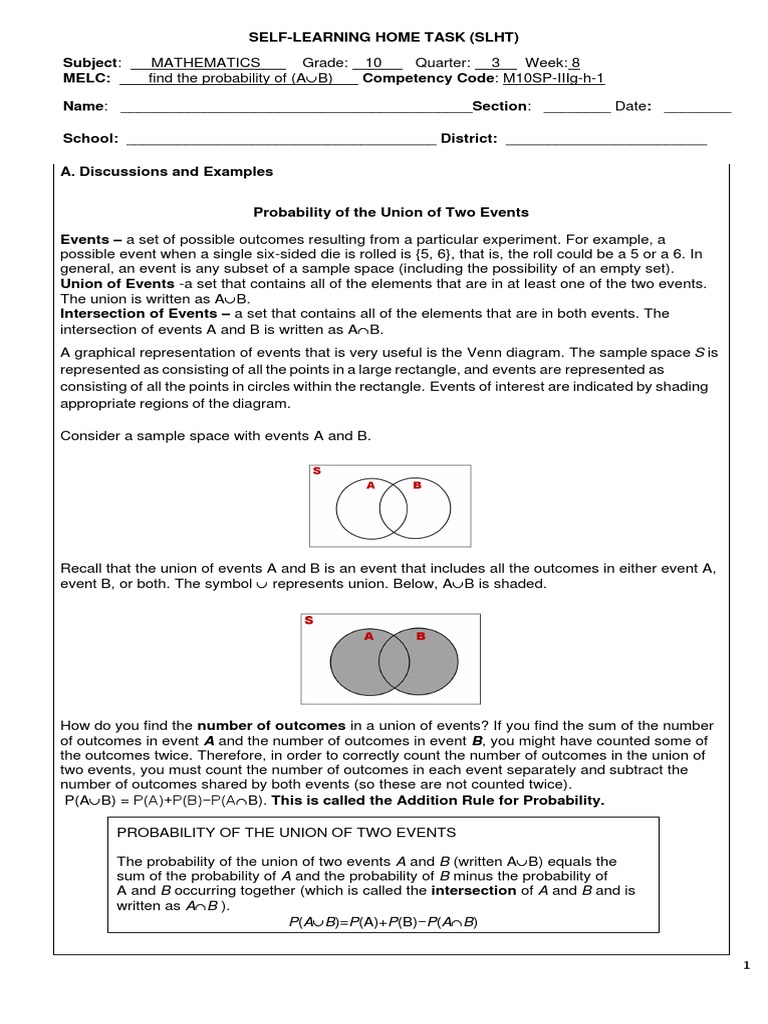Probability of Union of Events in Grade 10 | PDF | Probability | Playing Cards