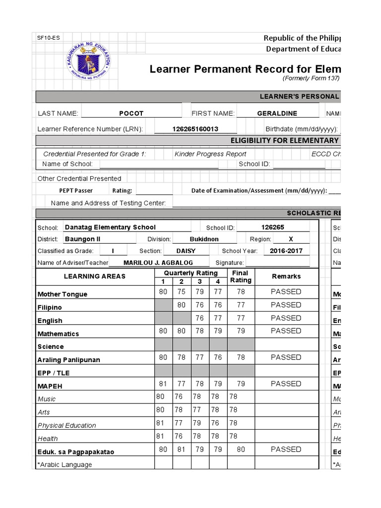 Learner Permanent Record For Elementary School (SF10-ES) : Republic of ...