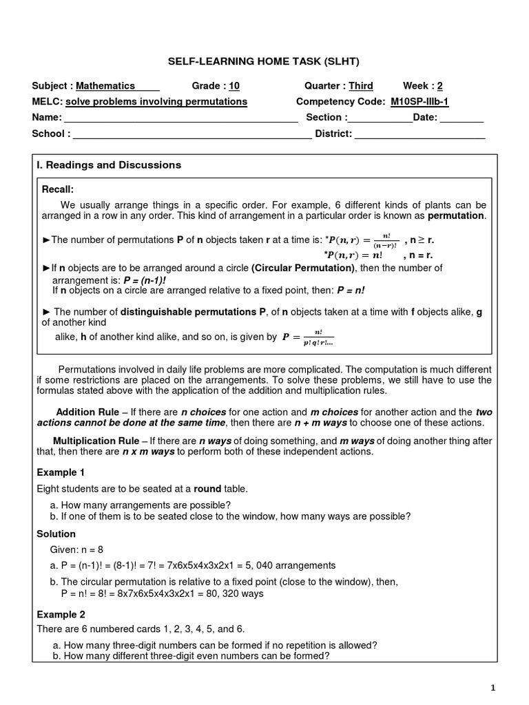 Math10 SLHT, q3, Wk2, M10sp-Iiib-1 | PDF | Permutation | Mathematics