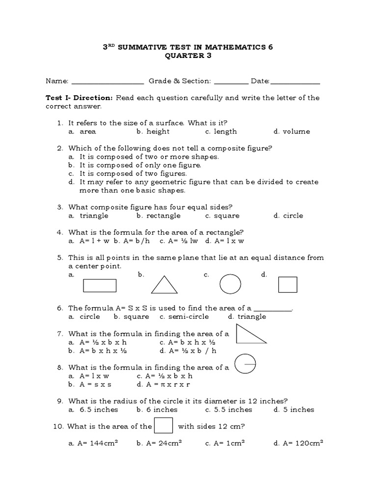 3RD Summative Test in Mathematics 6 | PDF | Area | Geometric Measurement