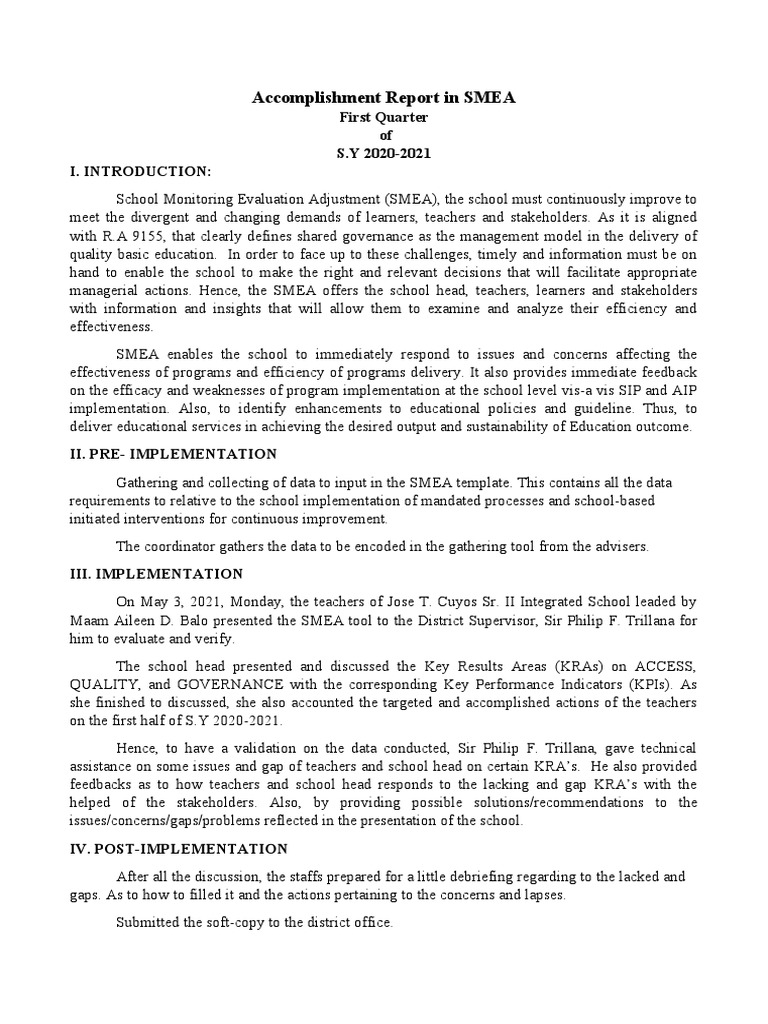 Accomplishment Report in SMEA | PDF | Governance | Business