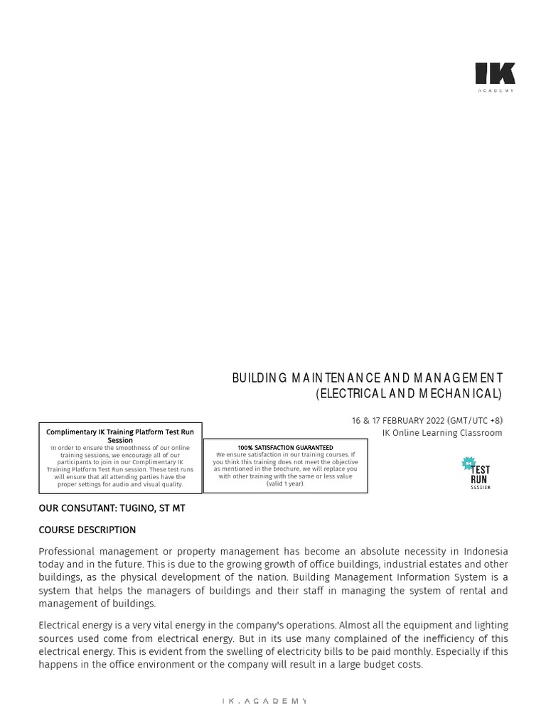 (IDR) Building Maintenance and Management (TUGINO) (INDONESIA) (Online Learning) (February 2022 ...