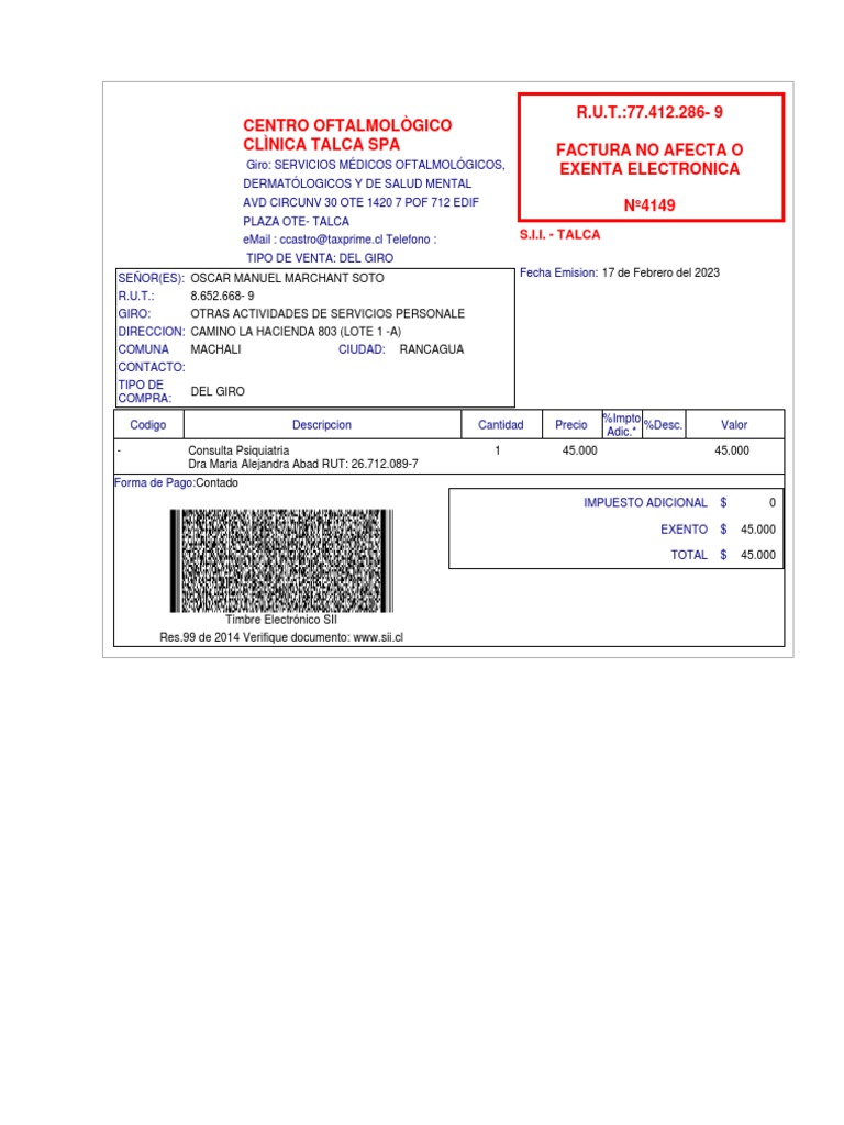 Centro Oftalmològico Clìnica Talca Spa R.U.T.:77.412.286-9 Factura No ...