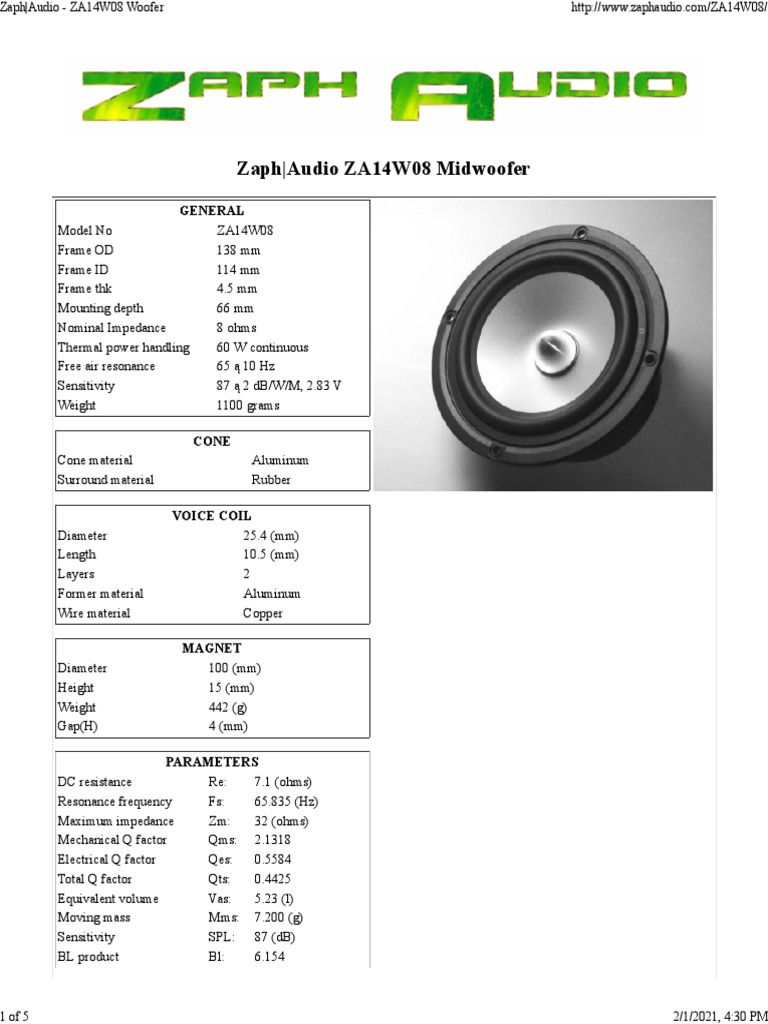 Zaph - Audio ZA14W08 Midwoofer | PDF | Inductor | Inductance