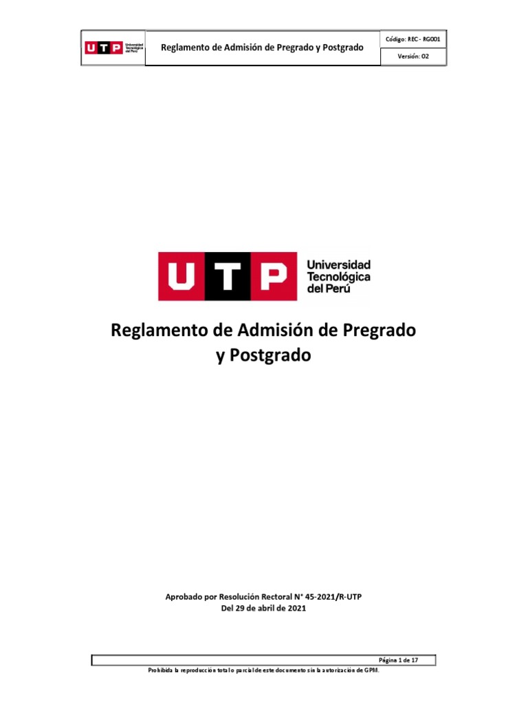 Reglamento Admision Pregrado y Postgrado Abr2021 | PDF | Educación más alta | Titulo academico