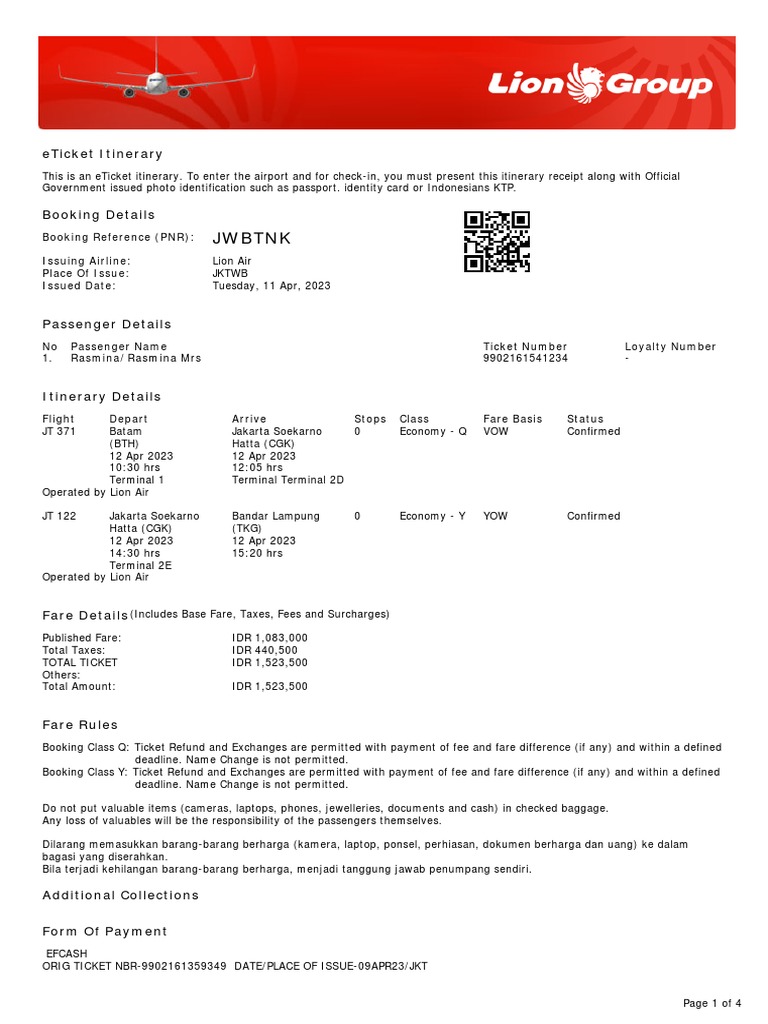 Lion Air Eticket (JWBTNK) - Rasmina | PDF | Fee | Aviation