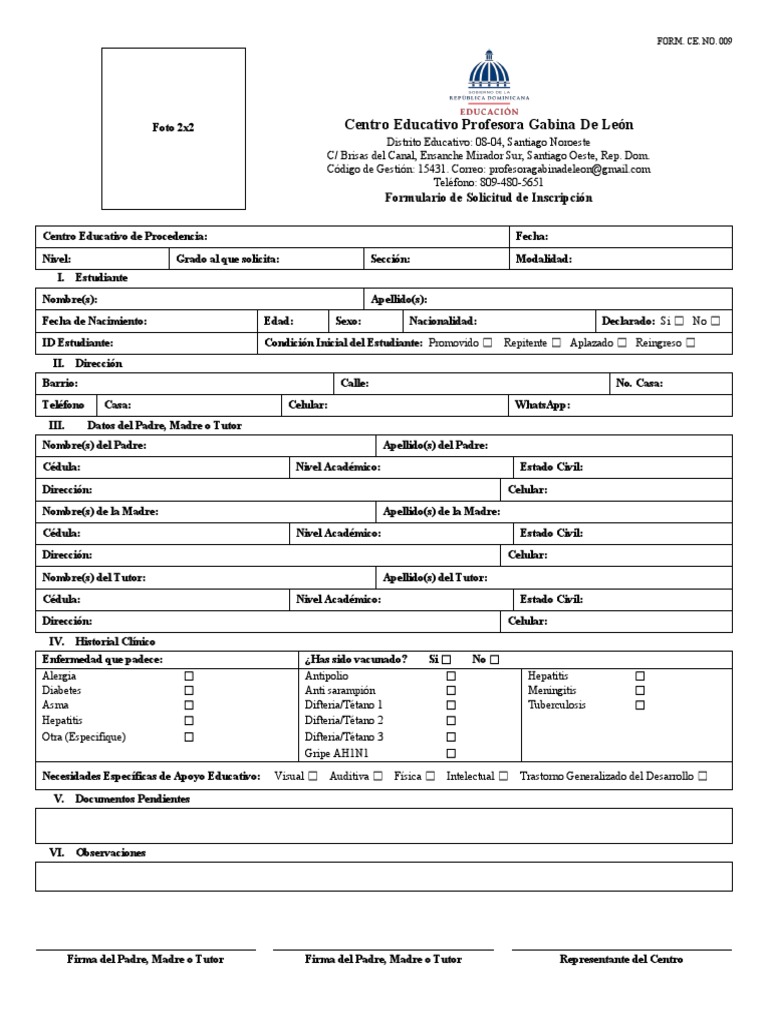 Formulario de Inscripcion - Minerd | PDF | Medicina | Enfermedades y ...